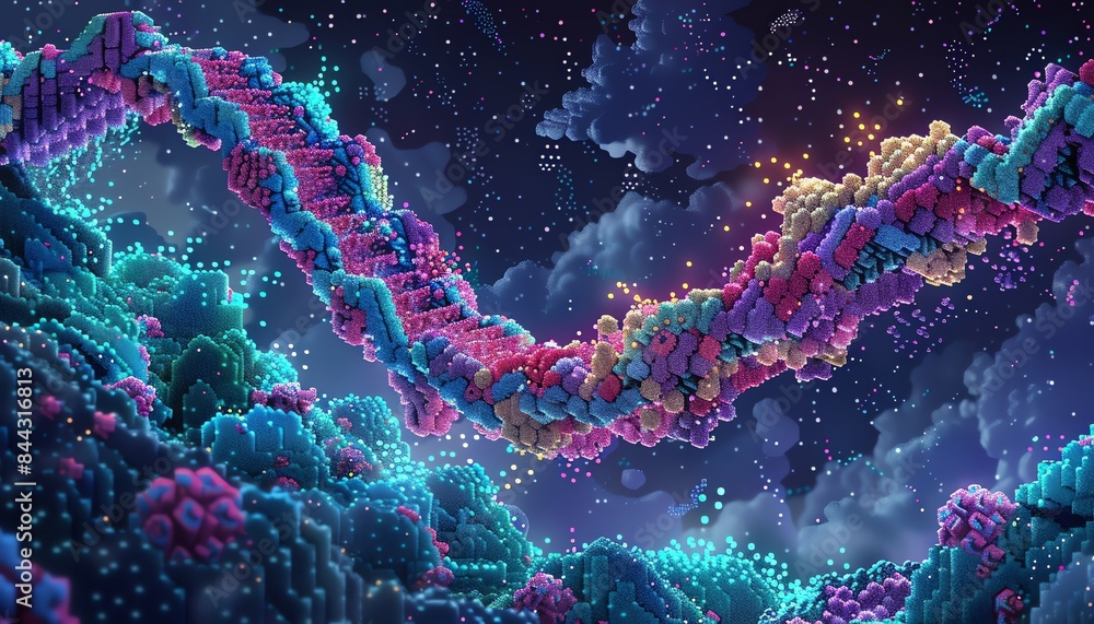 Colorful digital art representation of a DNA strand in a cosmic, star ...