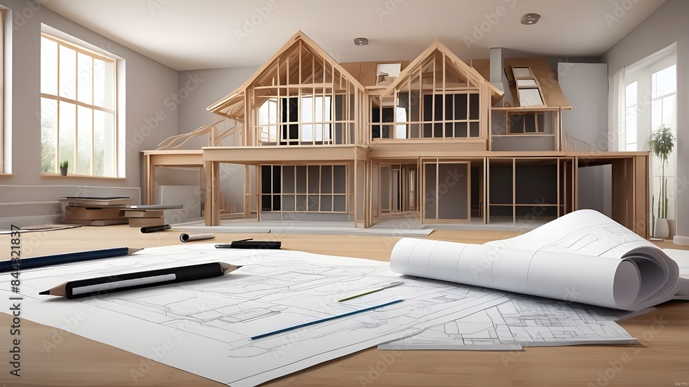 Illustrate a home building or refurbishment project, combining realistic interior visuals with ...