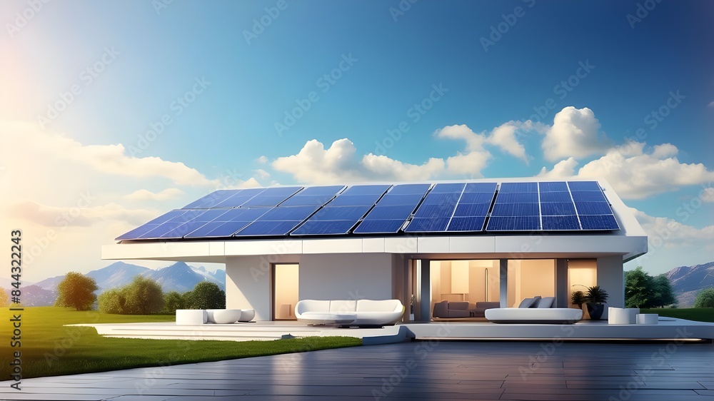 Visualize a futuristic smart home equipped with solar panels on the rooftop, symbolizing ...