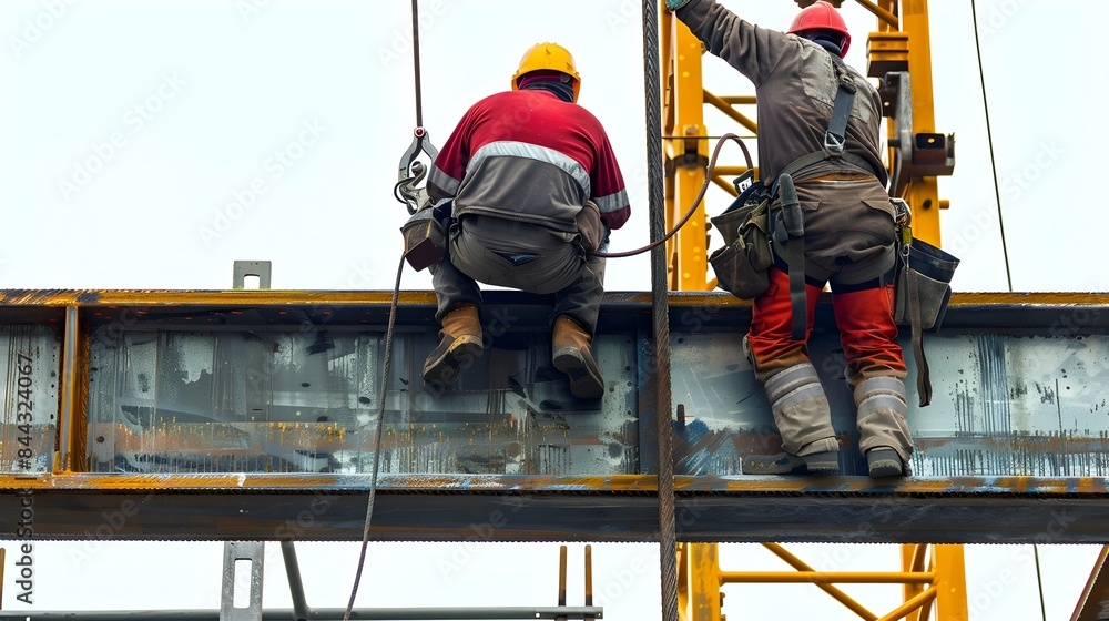 Fotografía Construction Workers Installing Steel Beams for Building ...