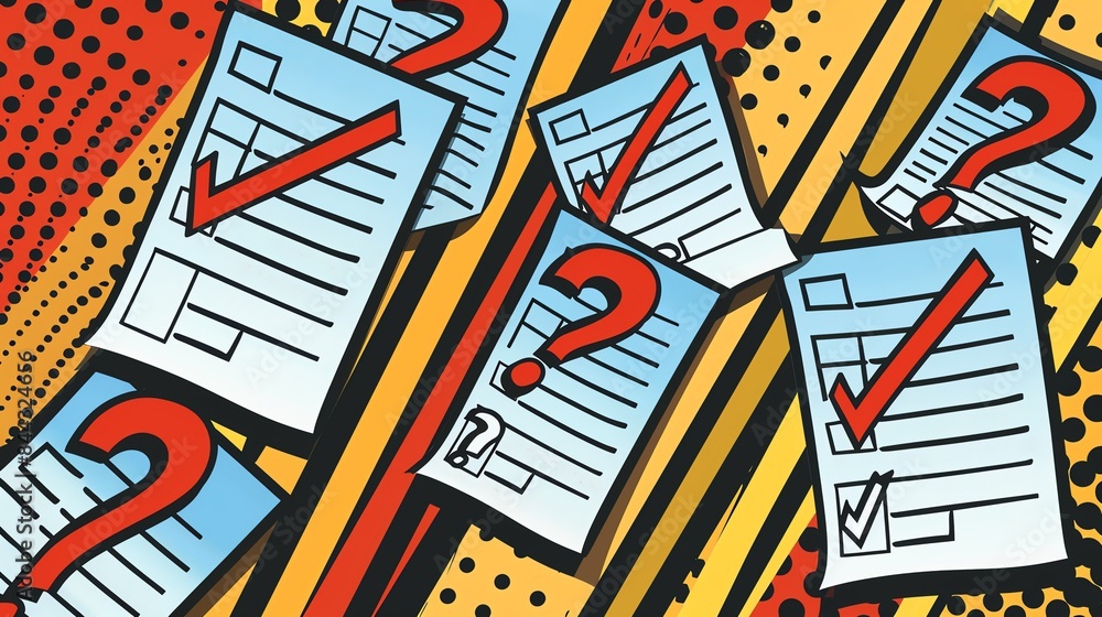 A pop art style background with checklist papers, question marks, and ...