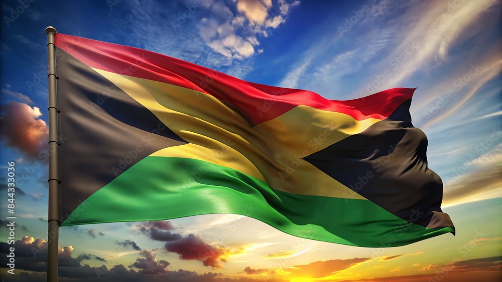 A single red Juneteenth flag waving proudly in the wind, with bold ... A single red Juneteenth flag waving proudly in the wind, with bold ...