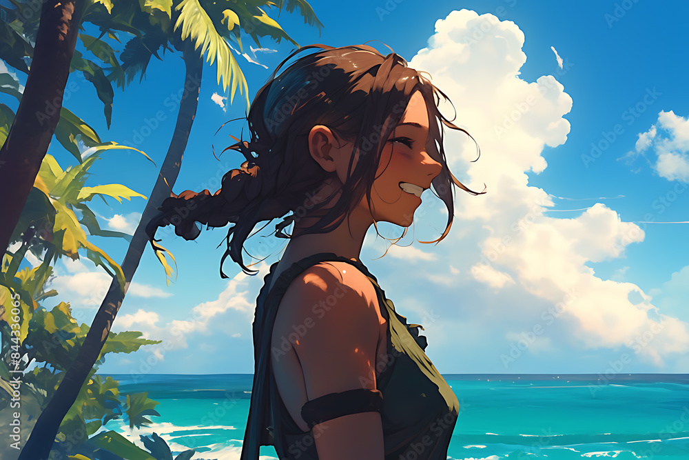 A girl looking forward with joy on her face, captured from a side view ...