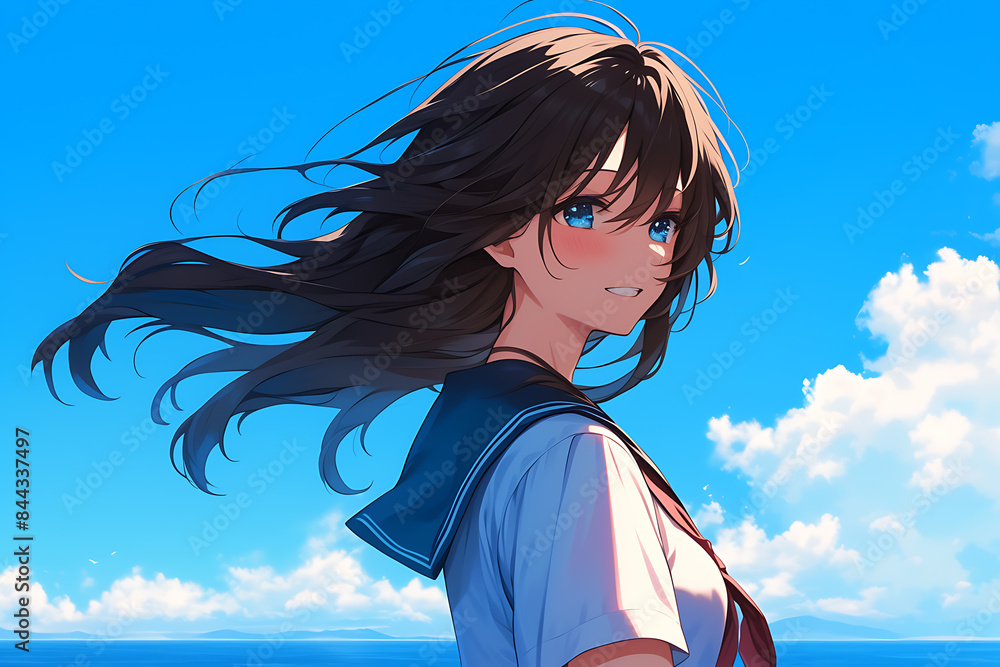 A girl looking forward with joy on her face, captured from a side view ...