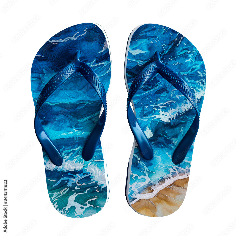 Summer beach sandals, with a drawing of the sea waves breaking against ...
