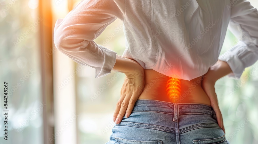 Asia beautiful woman holding her lower back while and suffer from ...