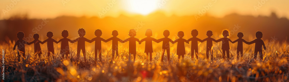 Silhouettes of paper doll people holding hands in a line at sunset ...