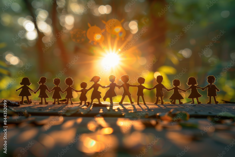 Silhouette of paper dolls holding hands against a beautiful sunlit ...
