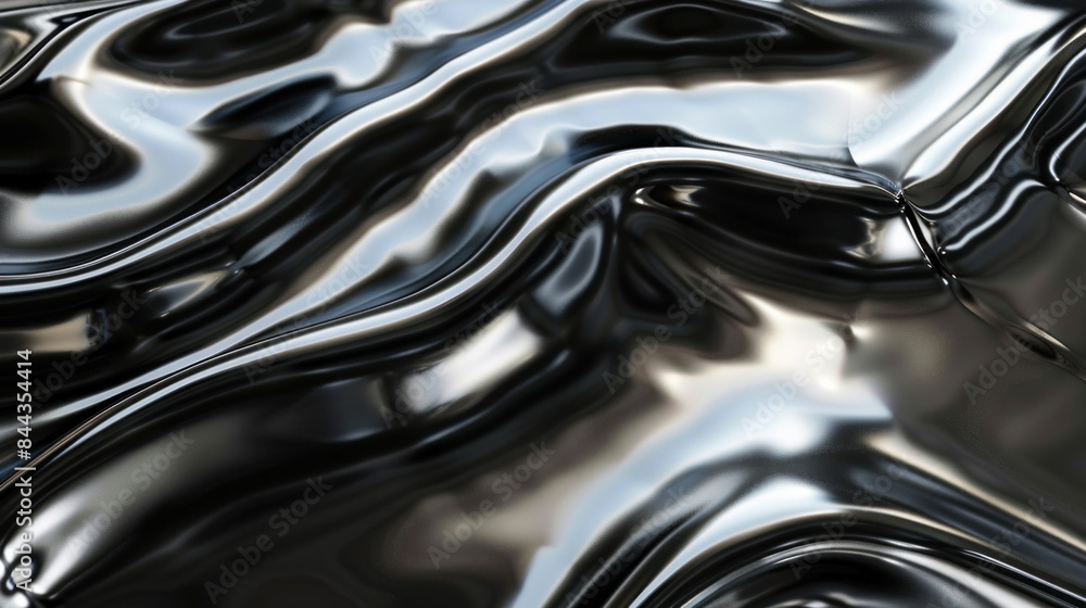 Metallic background with dark waves and a mirror-like surface. This 3D ...