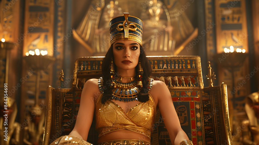 Cleopatra sitting on her throne in an Egyptian palace. wearing gold and ...