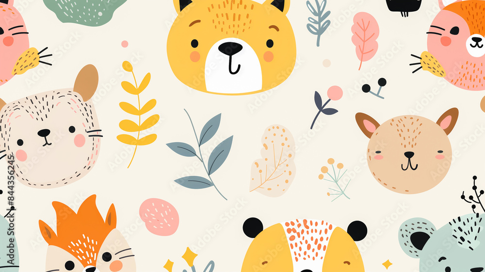 Cute pattern background, animal cartoon image, vector graphics, line ...