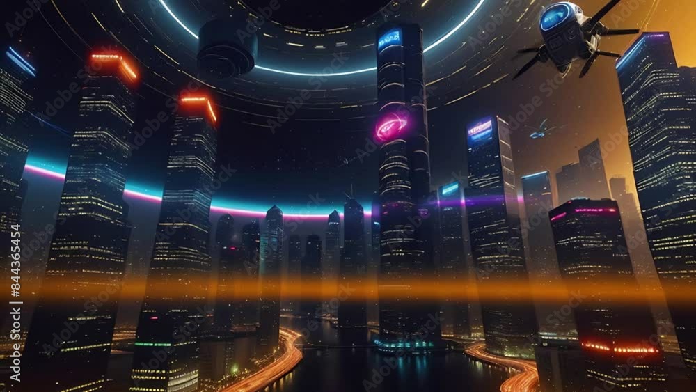 Futuristic urban animation of cyberpunk cityscape with high skyscrapers ...