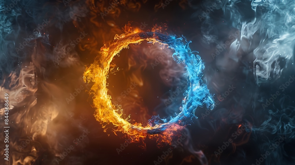 A fiery ring blazing with intense yellow and blue flames, set against a ...