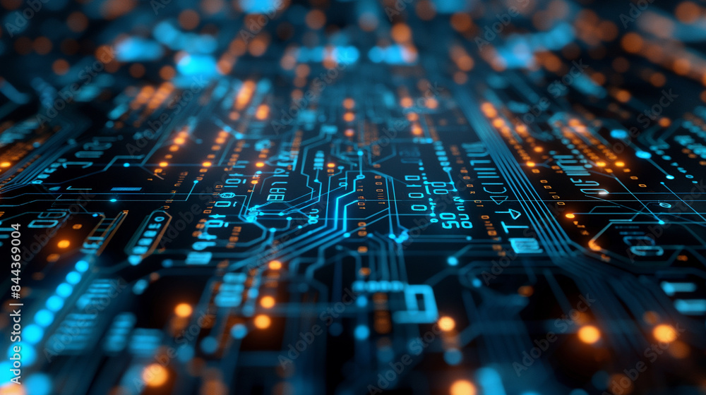 Circuit board and code orange and blue technology background PCB ...