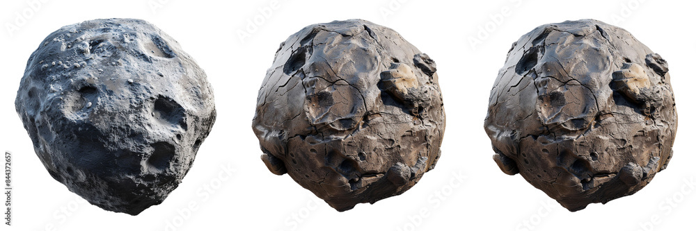 Set of a meteor with visible cracks and craters isolated highly ...