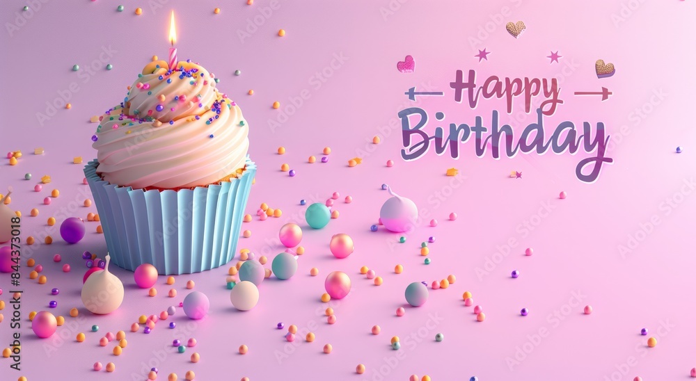 Cupcake with candle on pastel background, banner design. Birthday ...