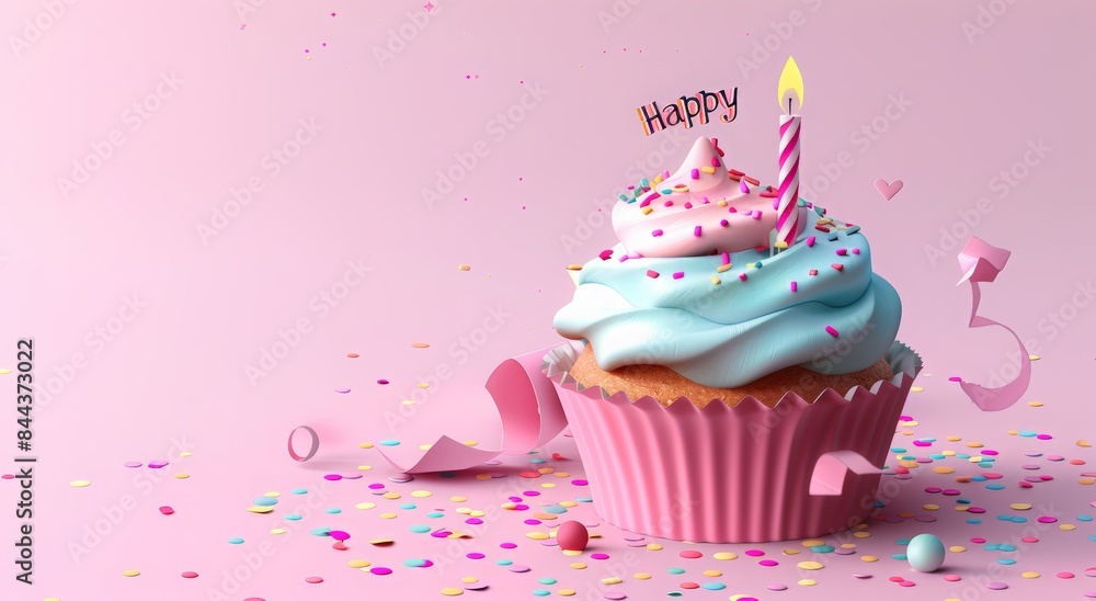 Cupcake with candle on pastel background, banner design. Birthday ...