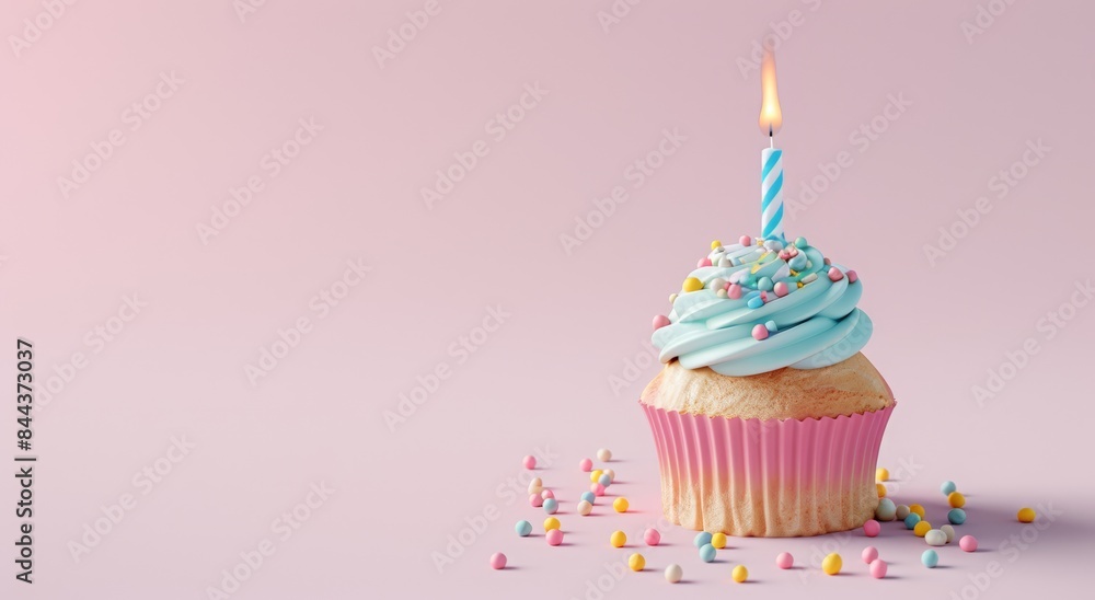 Cupcake with candle on pastel background, banner design. Birthday ...