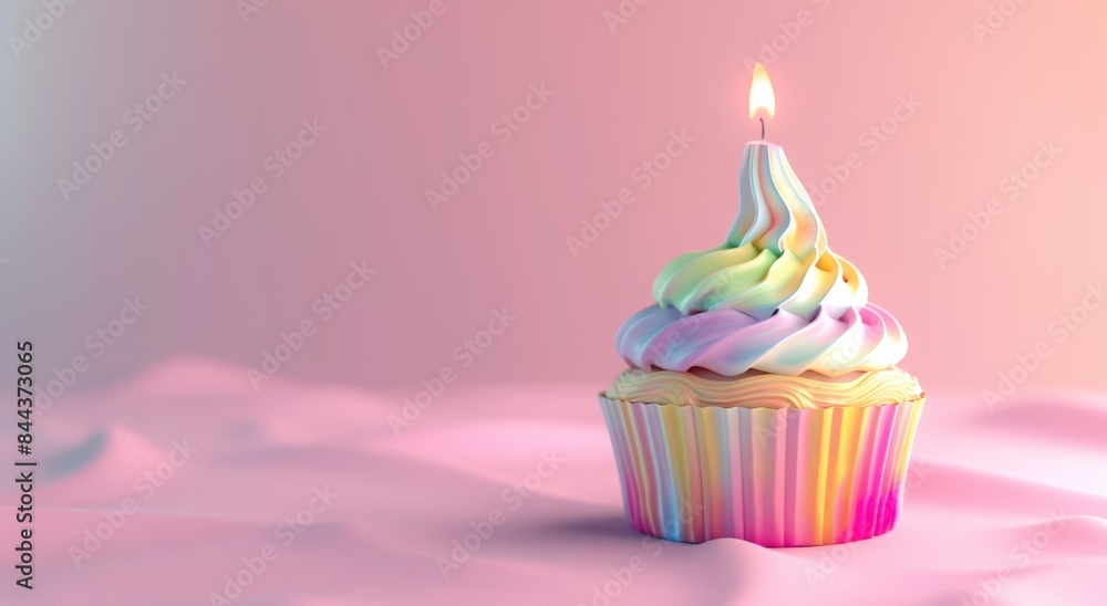 Cupcake with candle on pastel background, banner design. Birthday ...