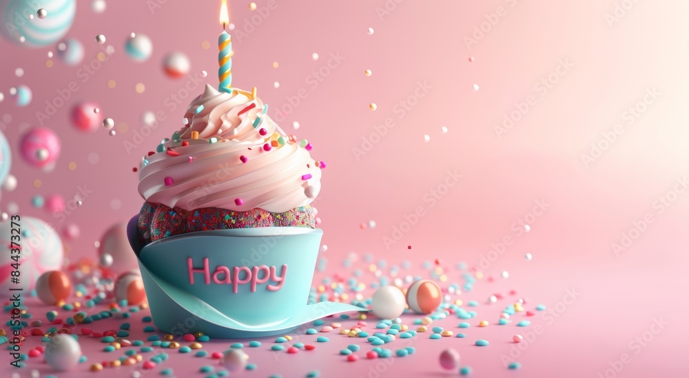 Cupcake with candle on pastel background, banner design. Birthday ...