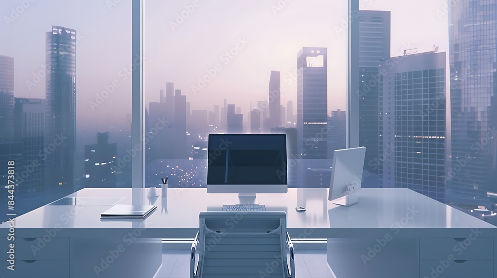A minimalist office setting with a sleek white desk, a high-tech ...