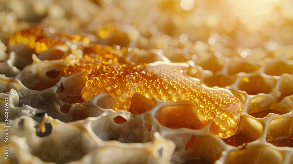 A detailed shot of a honeycomb structure with golden honey oozing out ...