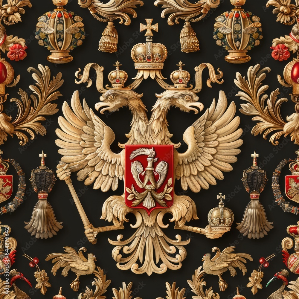 Produce a tileable background of Russian imperial symbols and royal ...