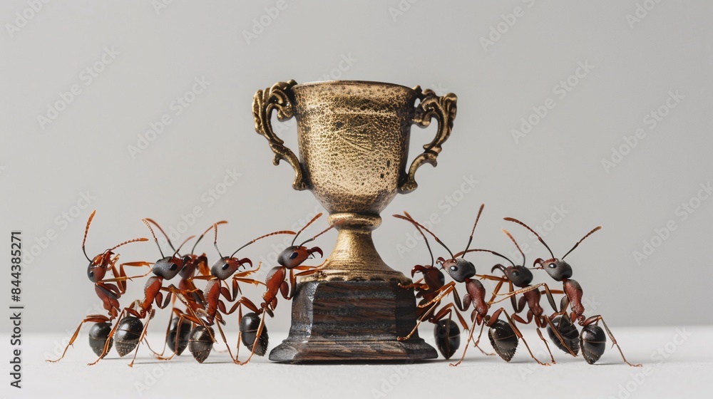 High-resolution photo showing a team of ants carrying an award ...