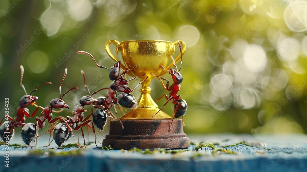 Image showcasing a team of ants working together to lift a gold medal ...