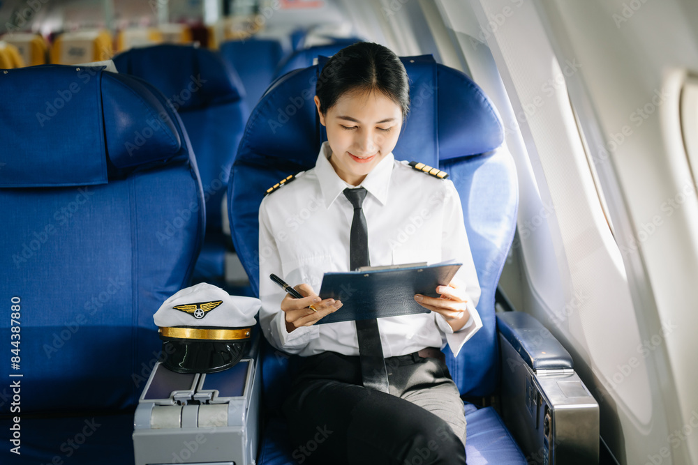 Asian Confident Female pilot in uniform leaning at the passenger seat ...