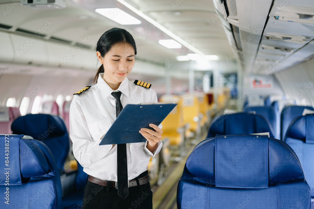 Asian Confident Female pilot in uniform leaning at the passenger seat ...