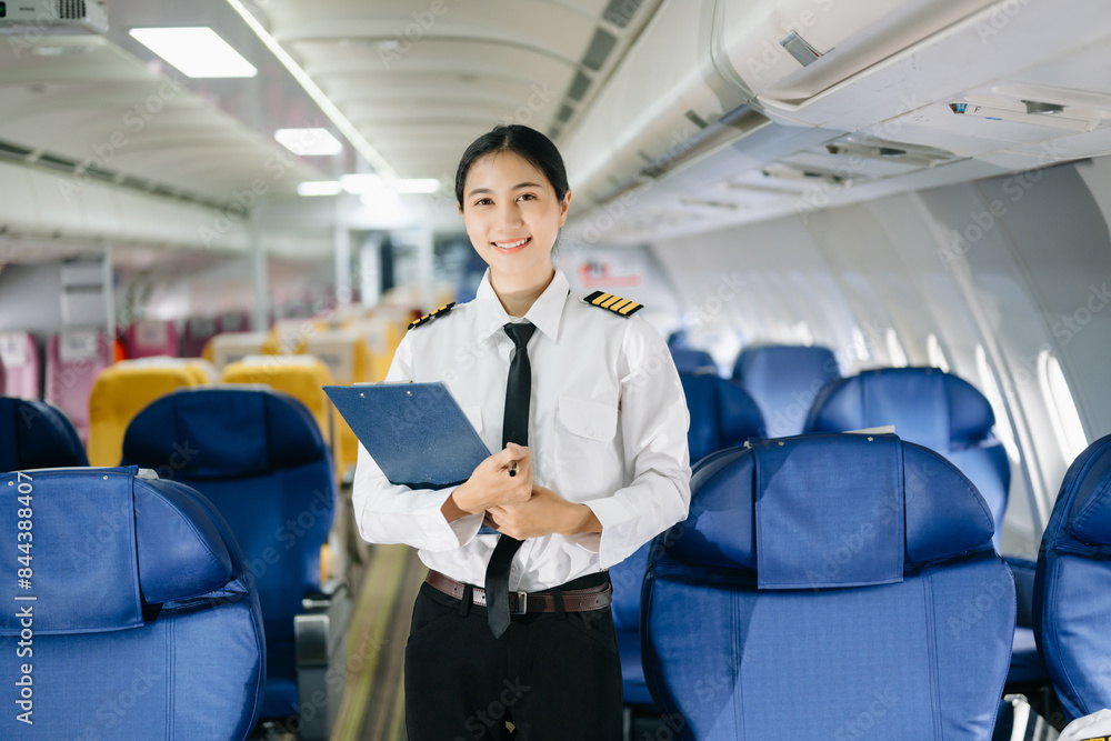 Asian Confident Female pilot in uniform leaning at the passenger seat ...