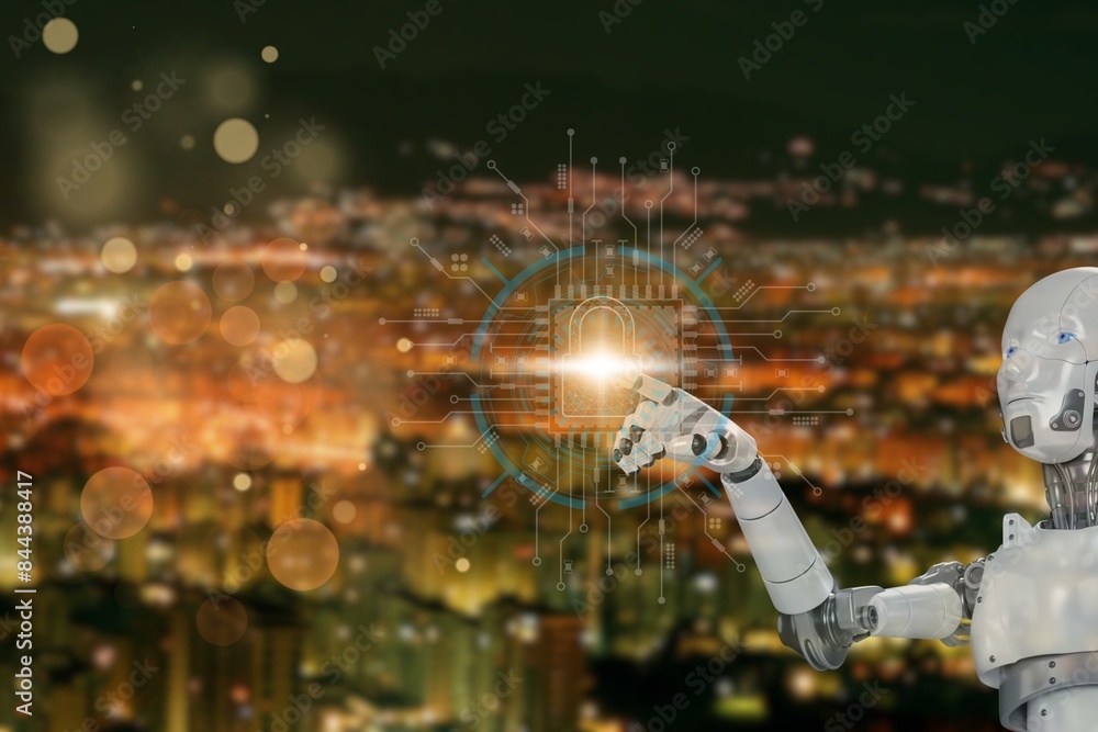 cyber background, Futuristic Concept of Cyber Robot Safety Icons in a ...