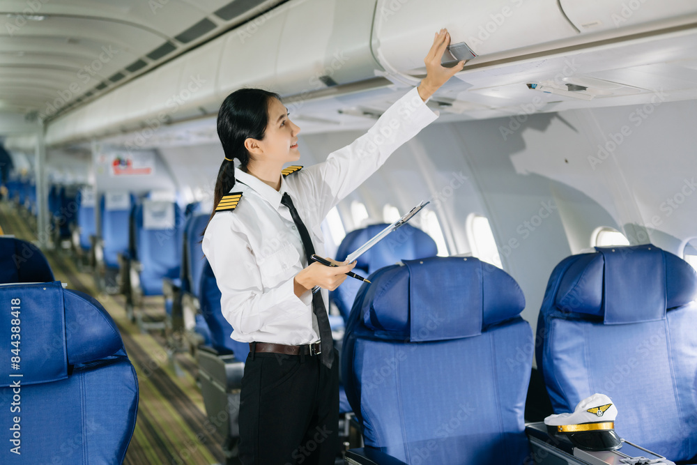 Asian Confident Female pilot in uniform leaning at the passenger seat ...