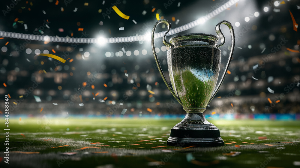 Trophy, sports ball background On the field in the football stadium to ...