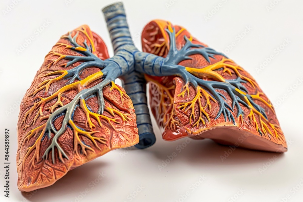 A realistic photo of a plastic model of the respiratory system, showing ...