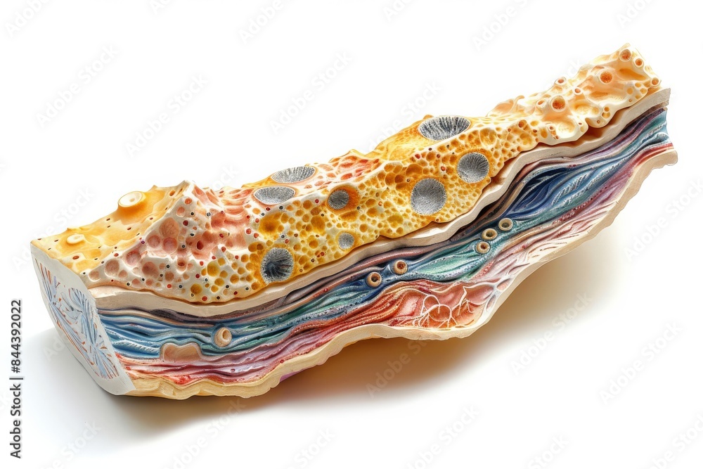 A detailed plastic model of human skin, showing the layers from the ...