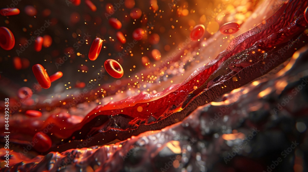 High-resolution close-up depiction of an artery filled with red blood ...