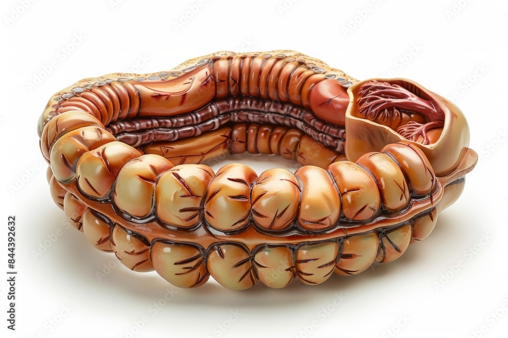 A realistic photo of a plastic model of the small intestine, showcasing ...