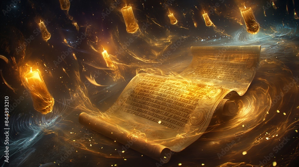 An ancient scroll unfurling in mid-air, with dramatical fonts glowing ...