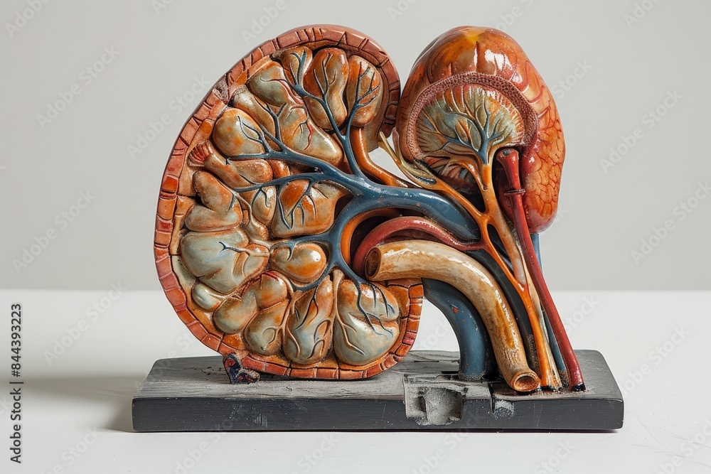 A realistic photo of a plastic model of the human kidneys, highlighting ...