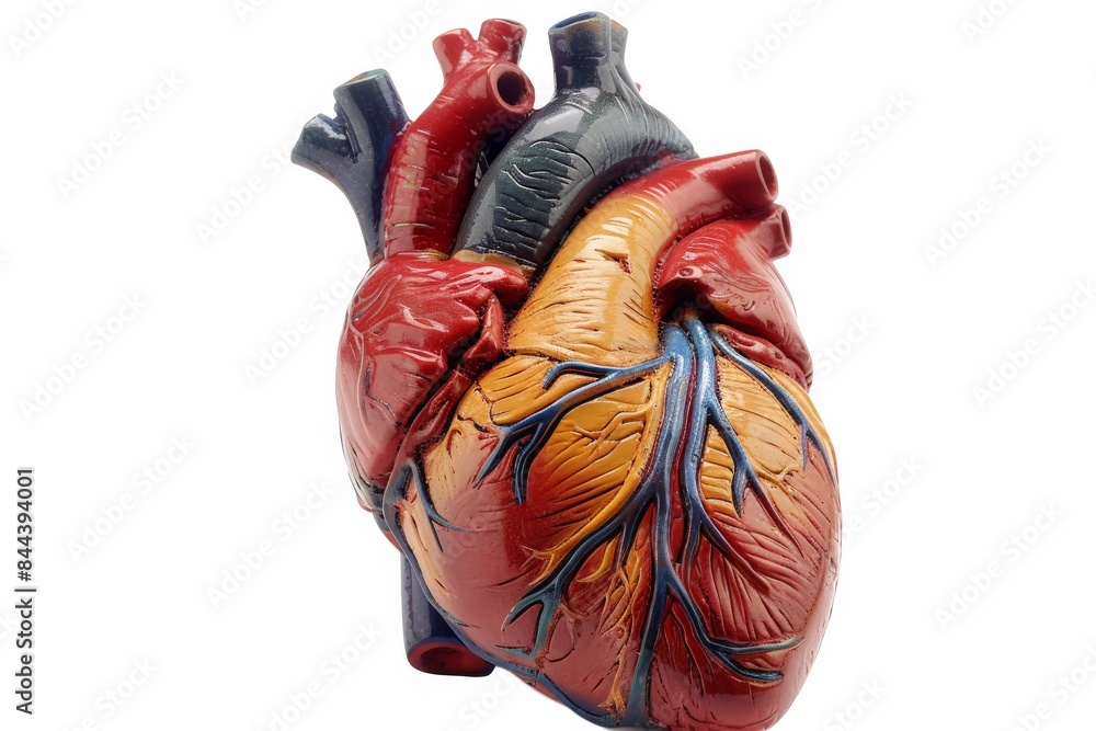 A realistic, detailed photo of a plastic model of the human heart ...