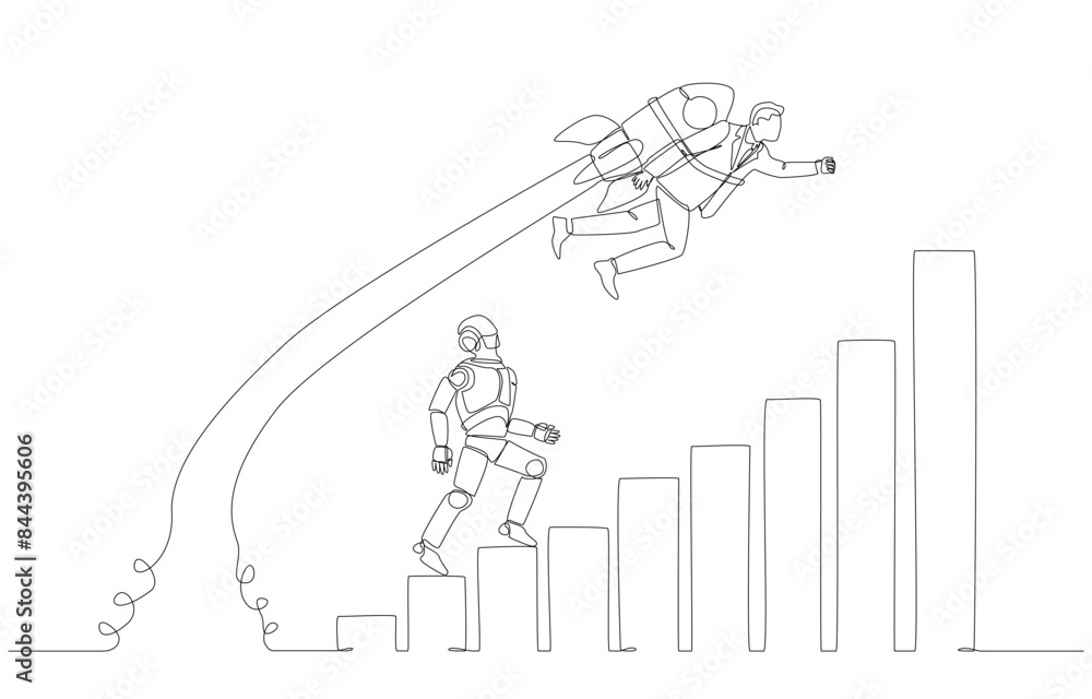 Continuous one line drawing of businessman with rocket booster ...