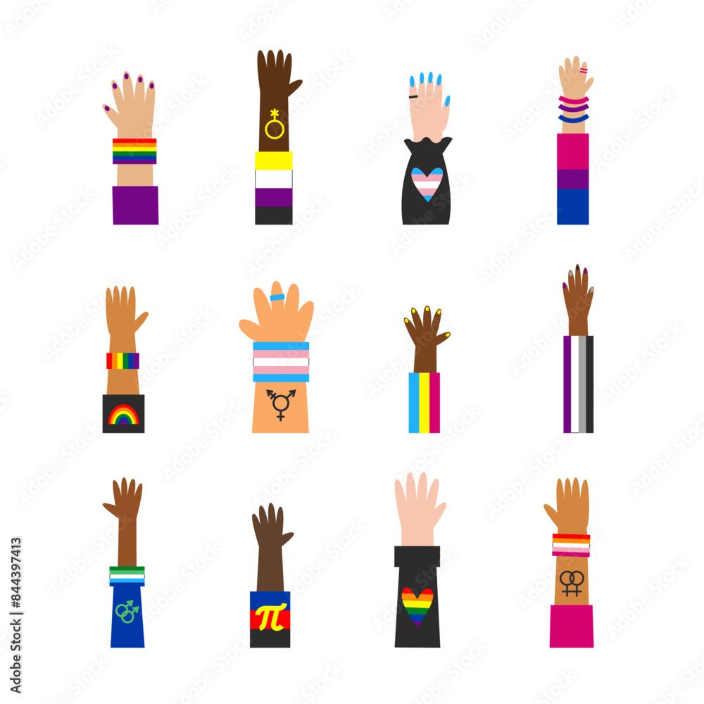 Happy pride elements set. Diverse white and bipoc raised hands with gay ...