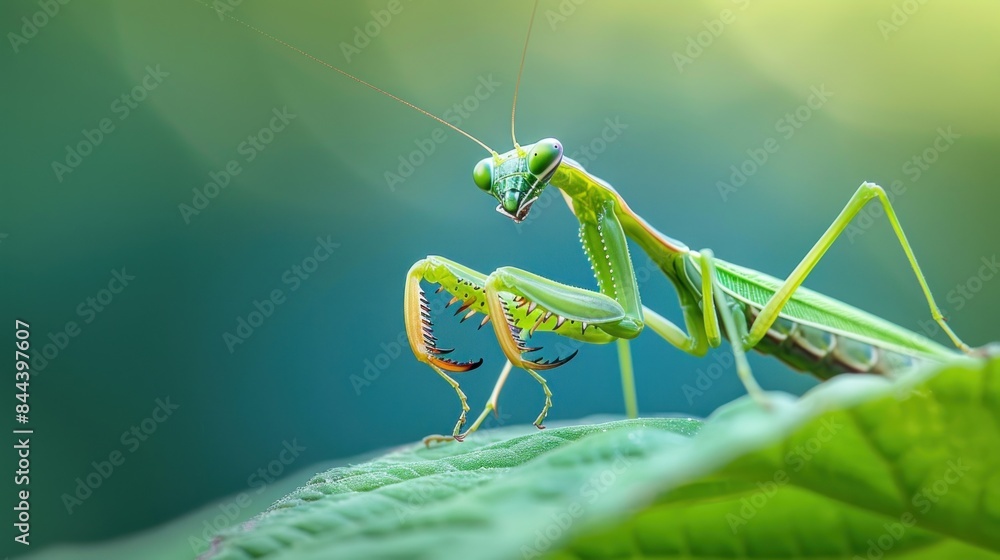 Praying mantis on a leaf. The close-up detail reveals the mantis's ...