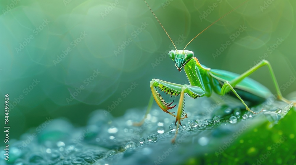 High-resolution macro image of a praying mantis on a leaf. The close-up ...
