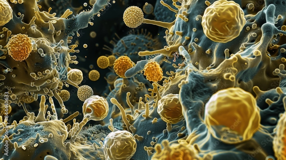 Scanning electron micrograph of natural killer cells engaging with ...