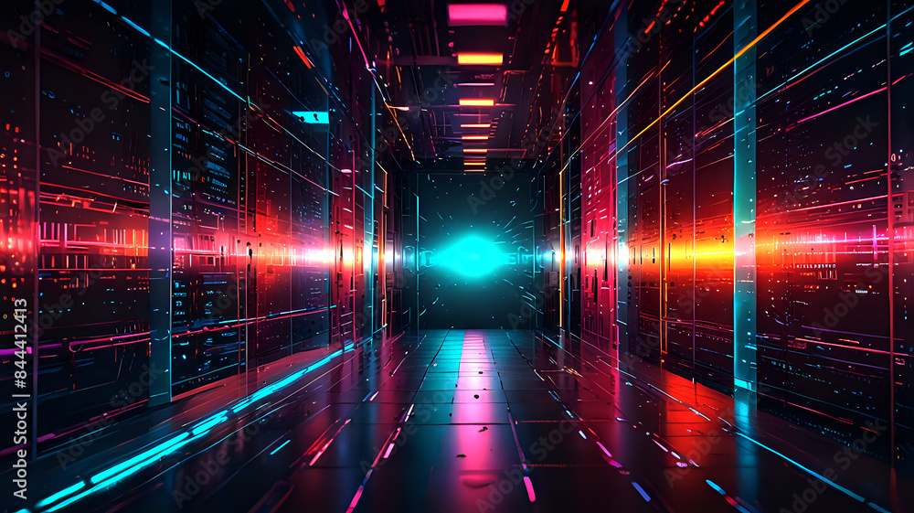 Abstract digital art with a glowing matrix effect technology background ...