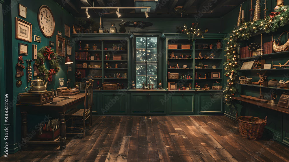 victorian christmas toy workshop with shelves and tools. green walls ...