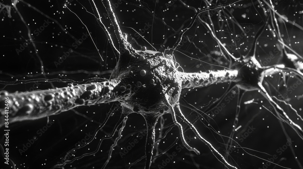 Electron microscope image capturing the array of spines along a neurons ...